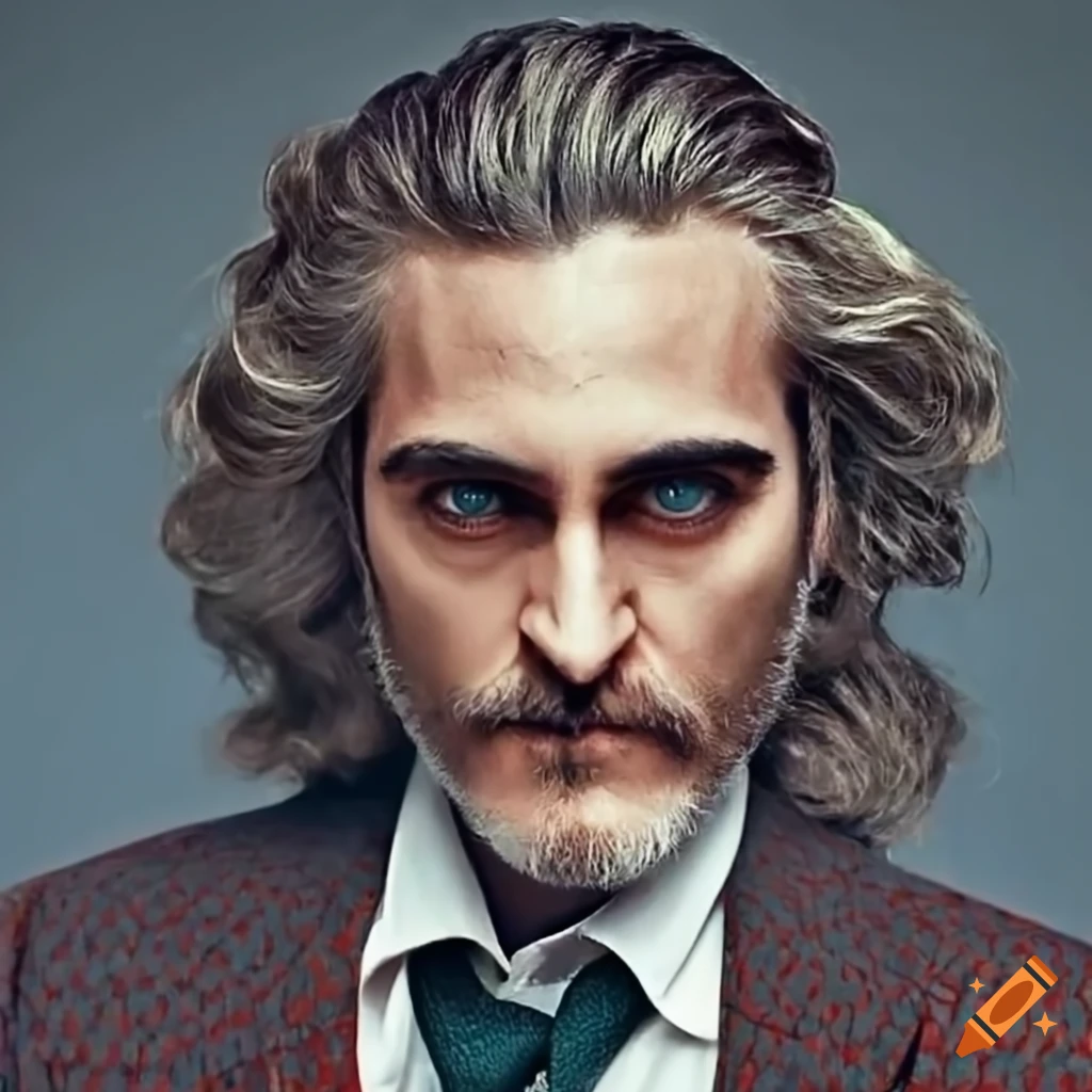 Joaquin Phoenix in a 1970s suit with shaggy hair and sideburns on Craiyon