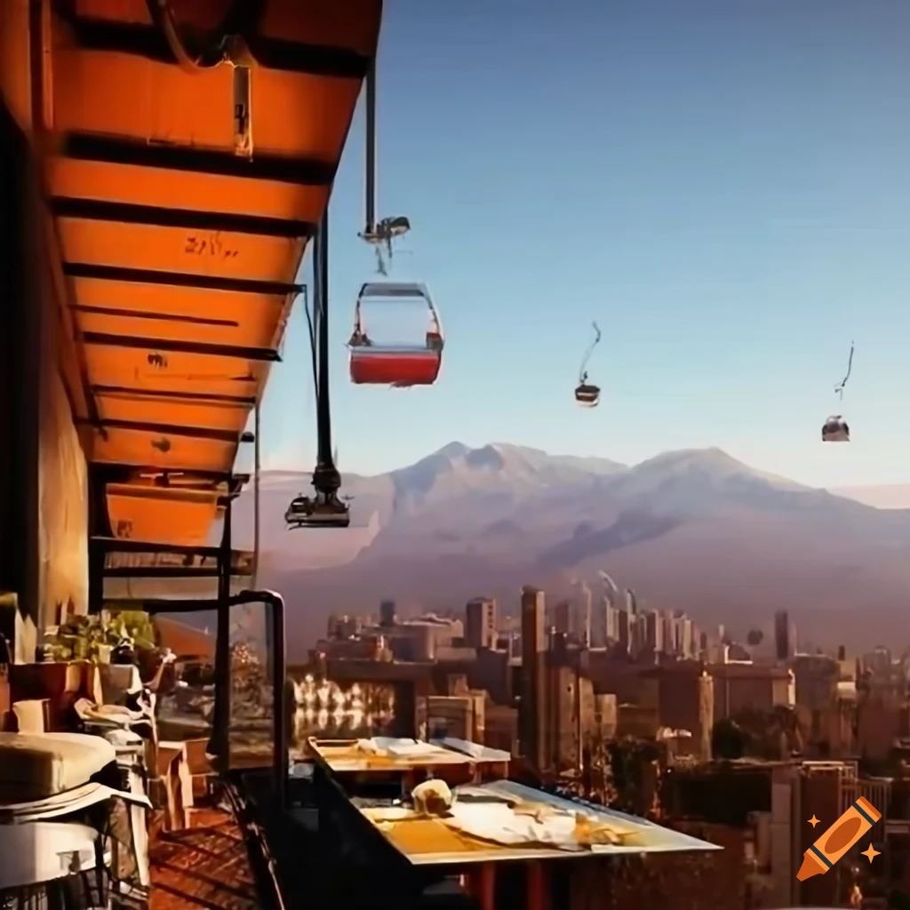 Restaurant in santiago with andes mountains and cable car in the ...