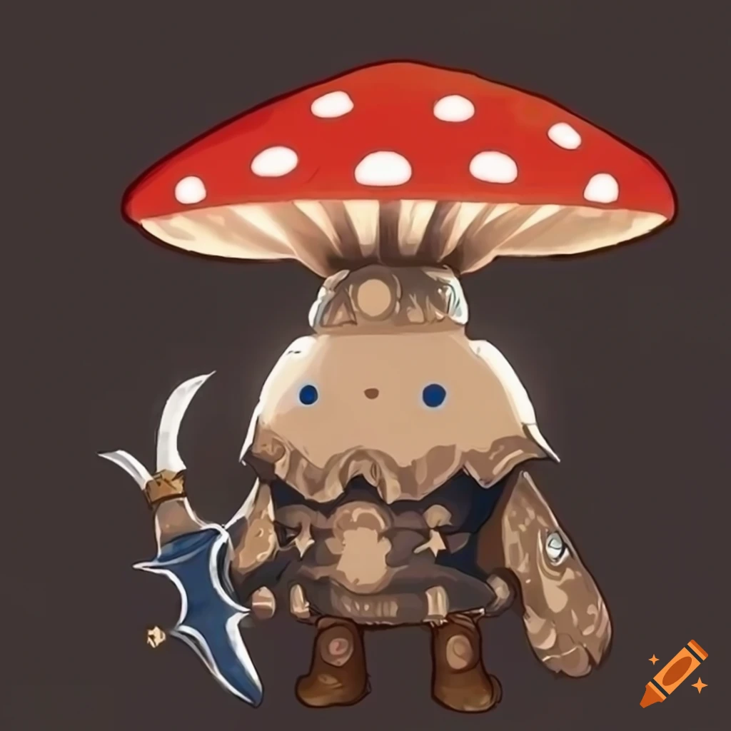 Cute mushroom with sword, shield, and armor on Craiyon