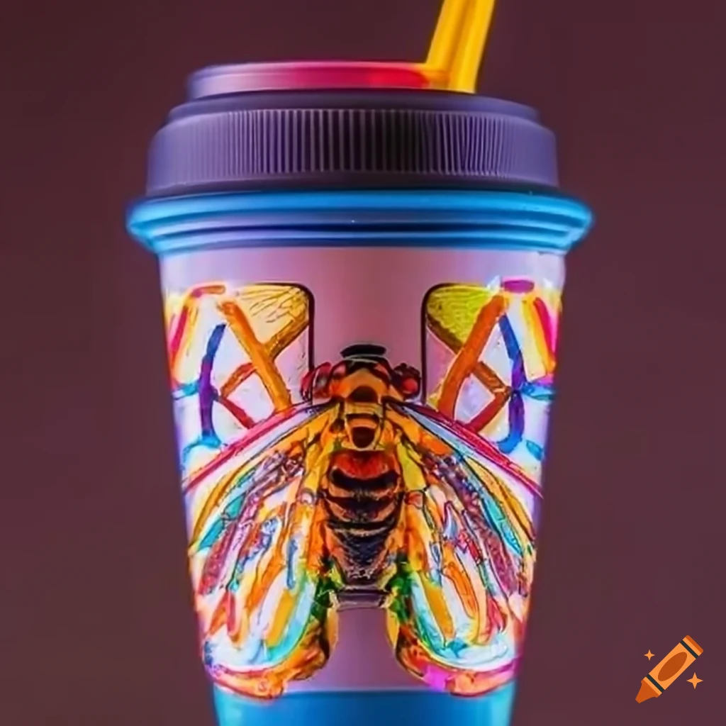 Close-up of a vibrant fast food cup with a geometric cicada design on ...