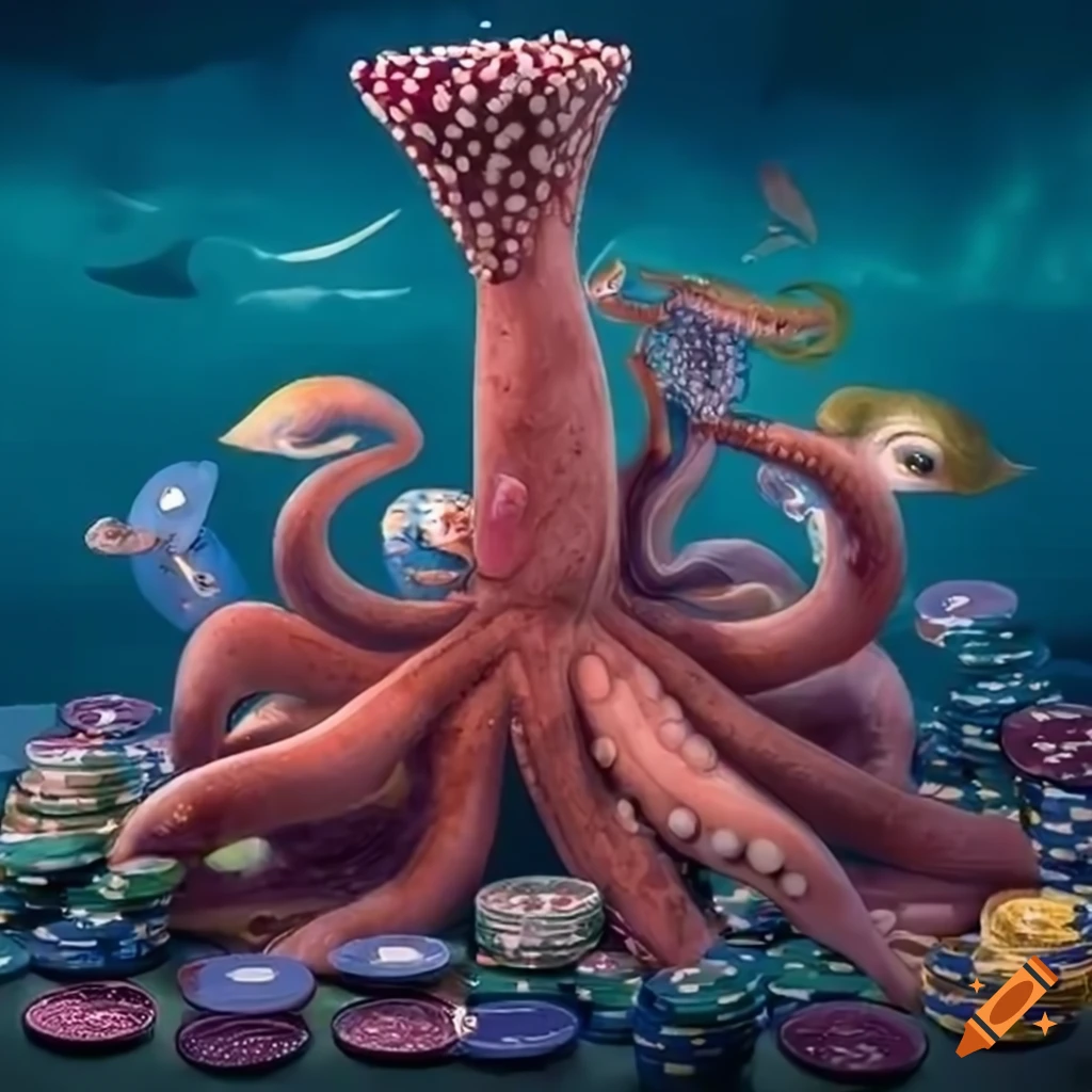 Anthropomorphic sea creatures playing poker at a coral table on Craiyon