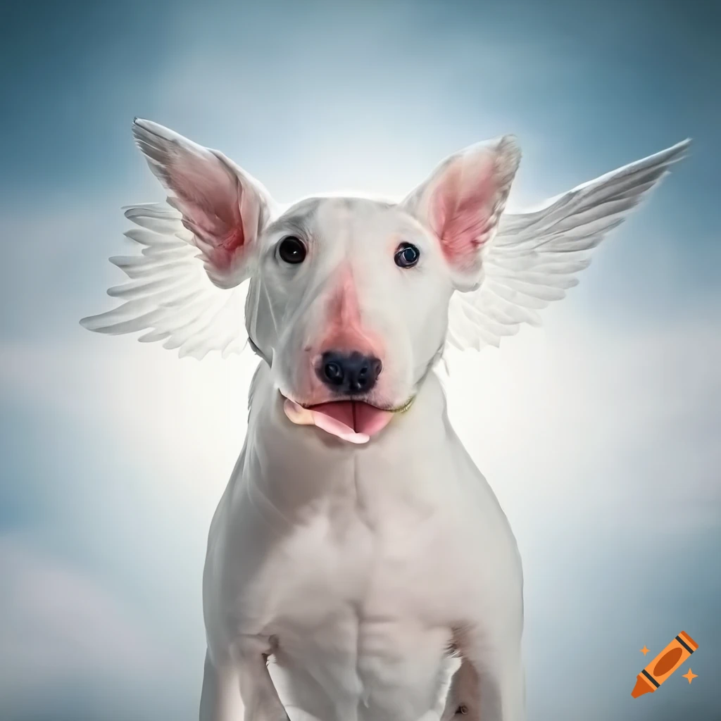 White English bull terrier with angel wings flying in the sky on Craiyon