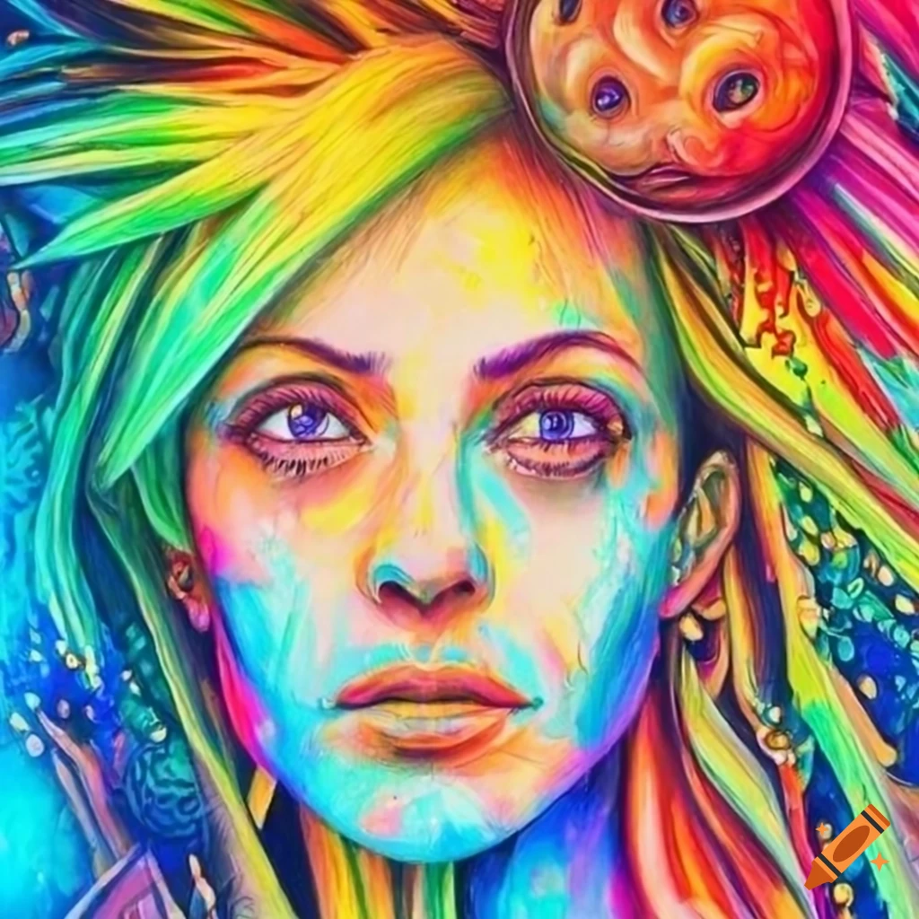 Detailed colorful pencil drawing of an intense emotional woman in ...