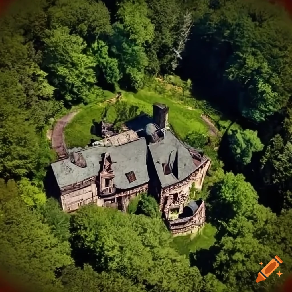 Aerial view of a rapper mansion, spooky shack in the woods, and ...