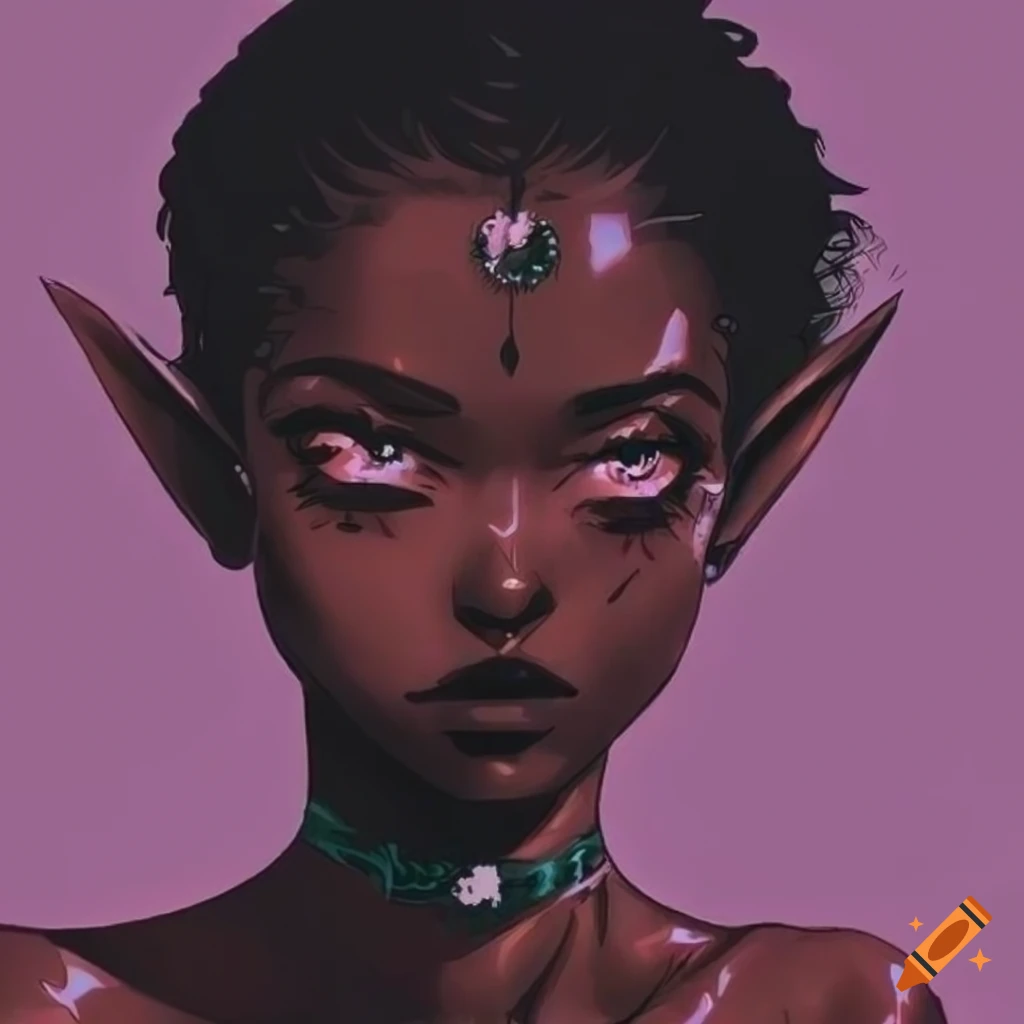 Retro manga dark-skinned elf character on Craiyon