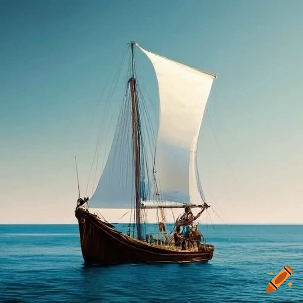 Single-mast pirate boat with a white sail on a bright day on Craiyon