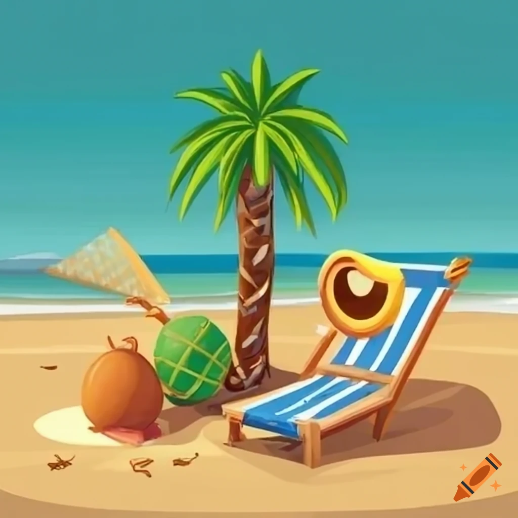 Cartoon beach scene with tree, beach chair, coconuts, and tiki drink on ...