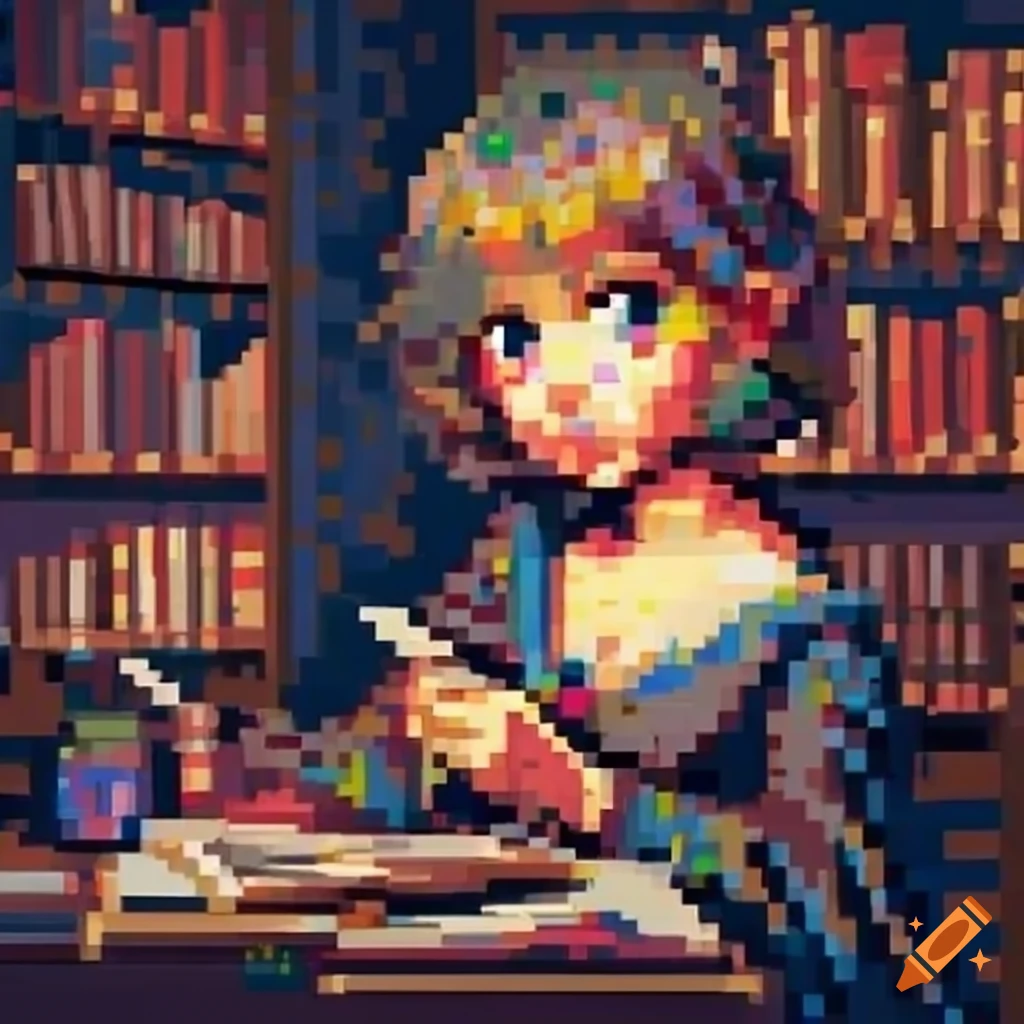 Pixel art oil painting of a witch studying books in a messy library on ...