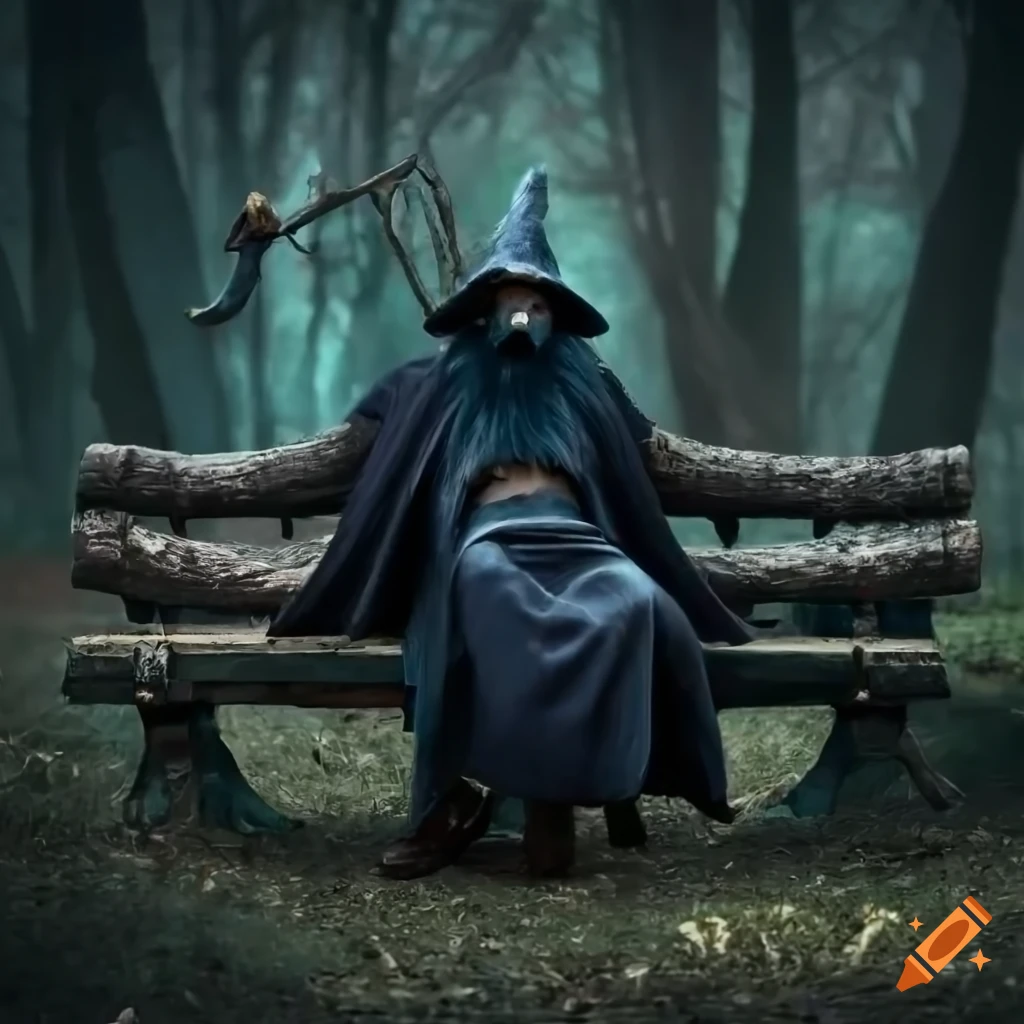 Tired dark wizard sitting on an old bench in a dark forest on Craiyon