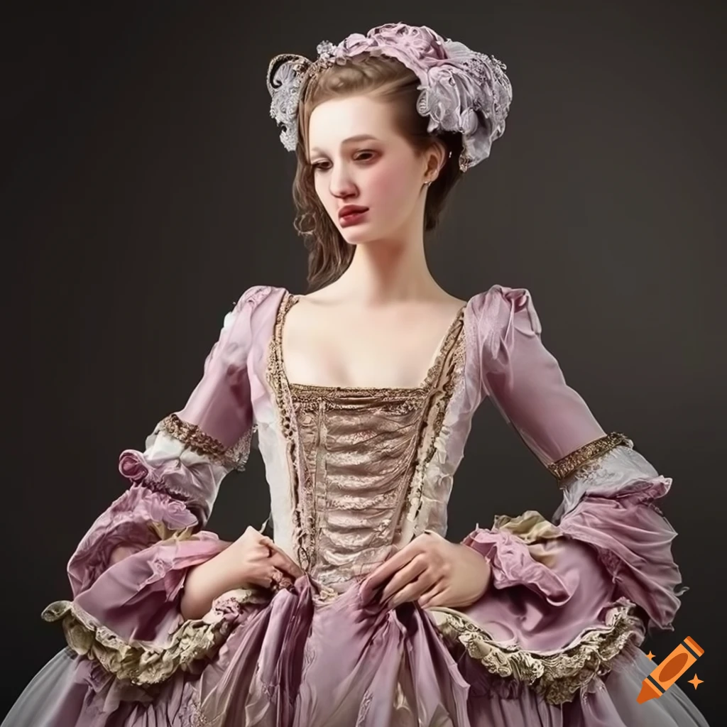 Detailed and elegant rococo dress with puffy skirt and narrow waist on ...