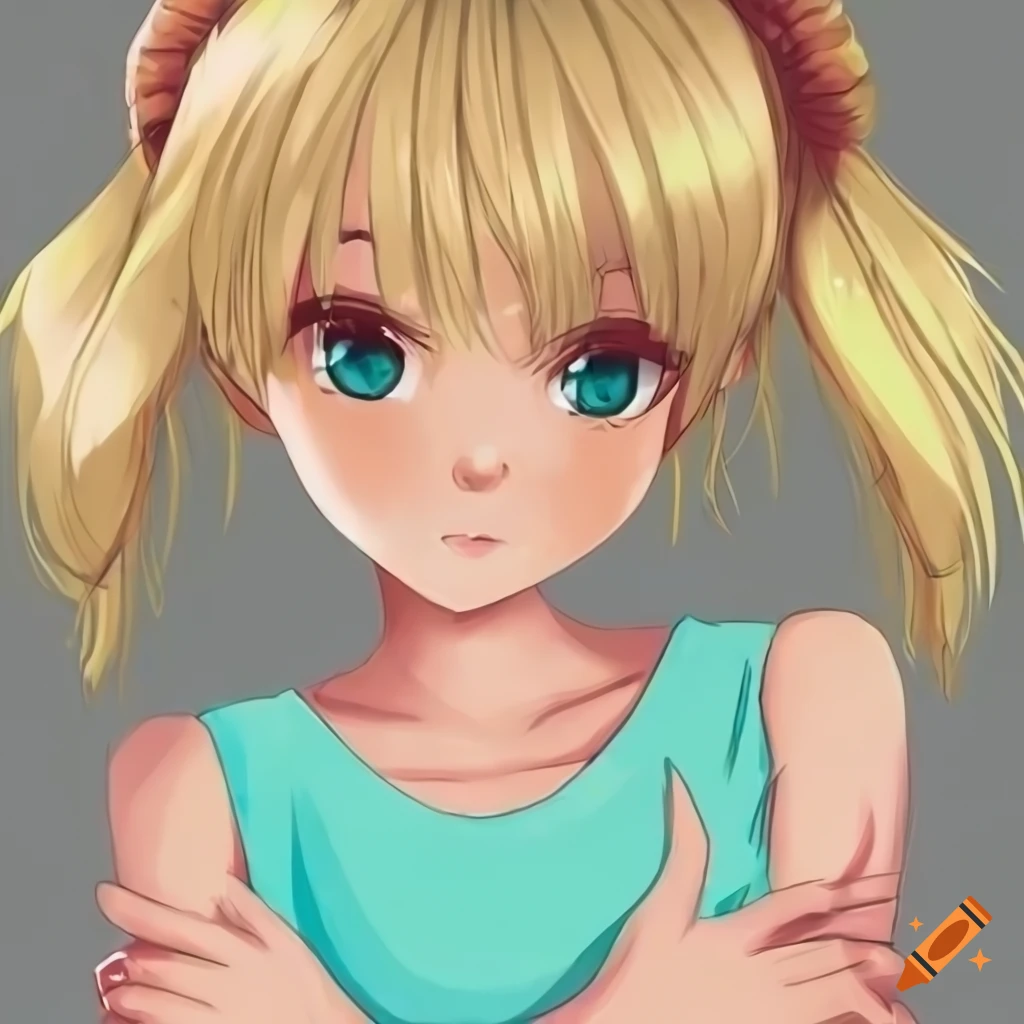 Anime Girl With Blonde Hair And Green Eyes In A Pink Shirt With Short