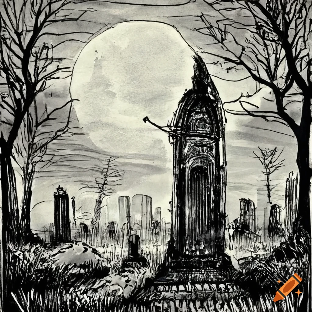 Vintage black and white ink drawing of a creepy old cemetery on Craiyon