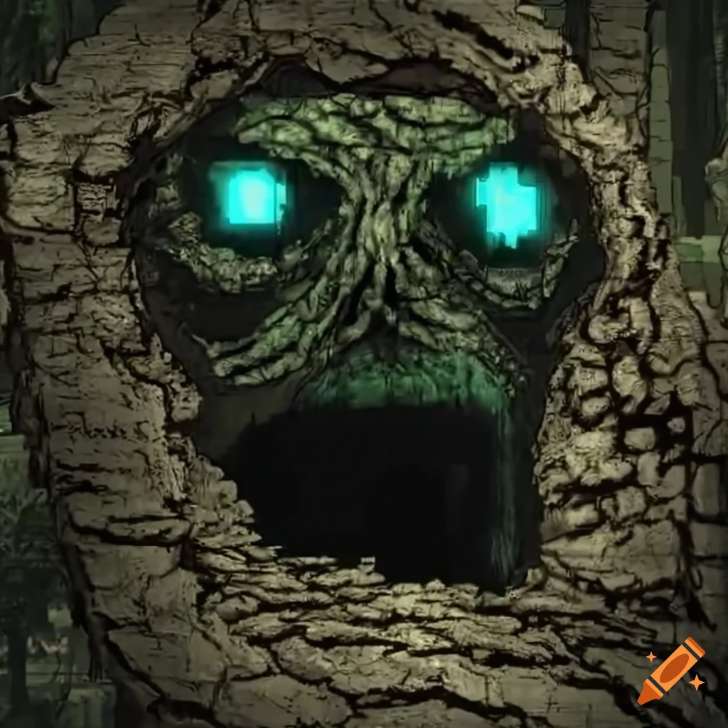 Creepy monster face on tree bark in a haunted forest with glowing eyes ...