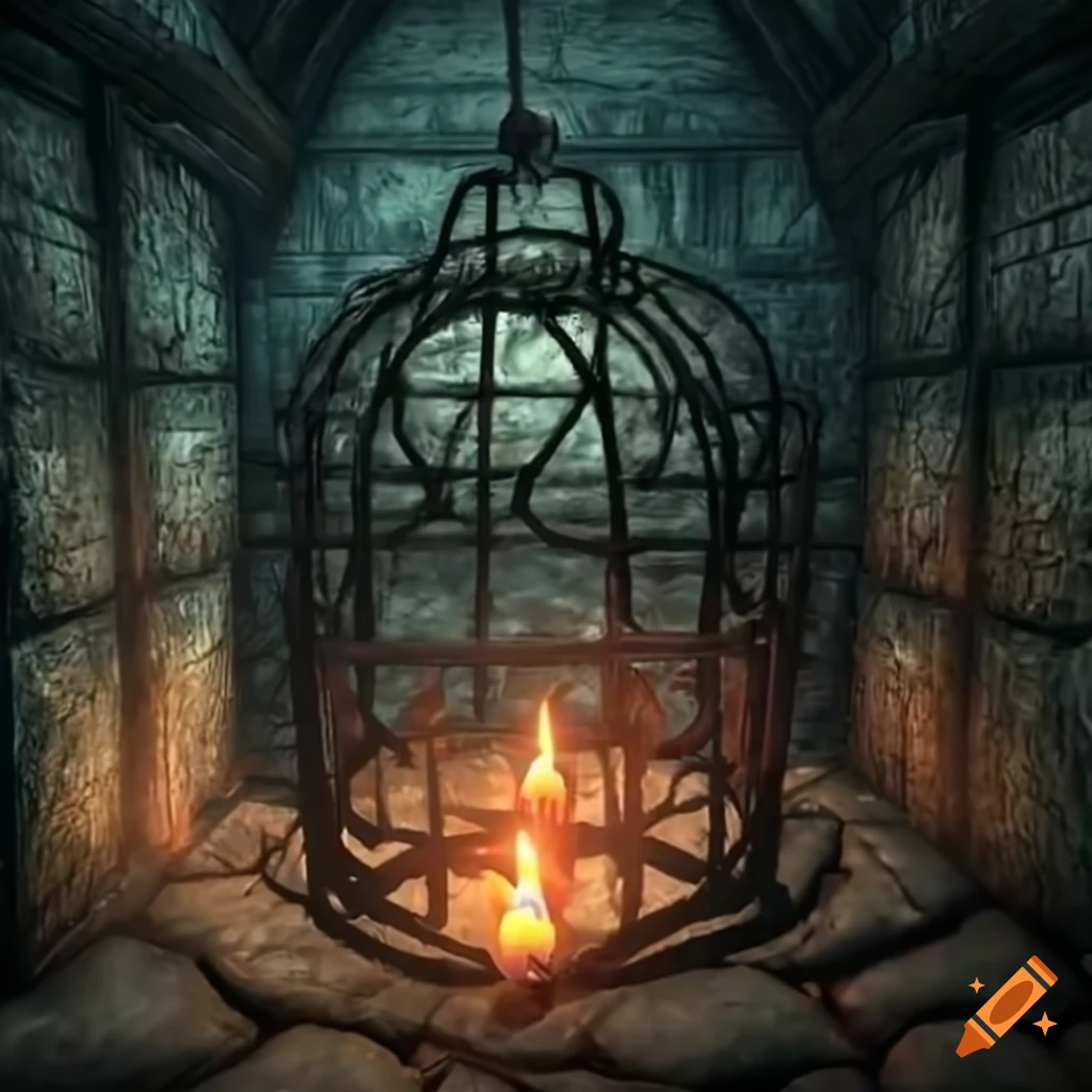 Man trapped in dungeon cage lit by candlelight in a Skyrim-style ...