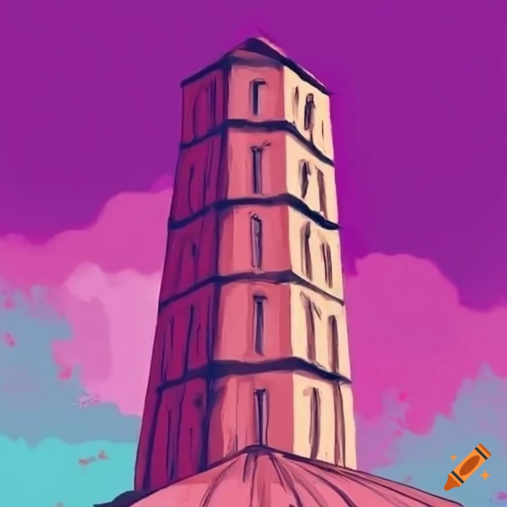 Beautiful pink brick tower with stripes under a cloudy sky on Craiyon