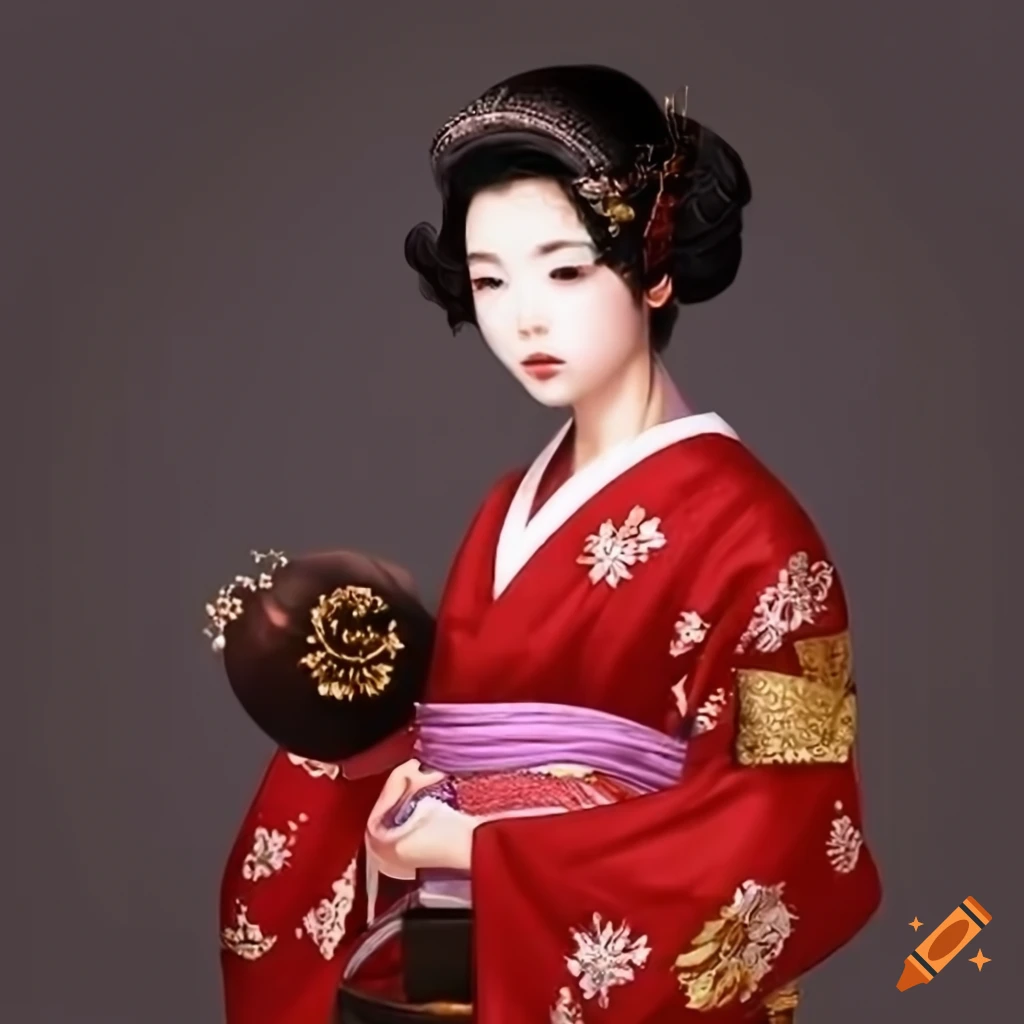 Japanese woman in a dark red kimono with gold trim on Craiyon