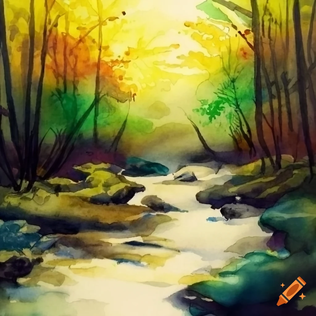 Forest stream in watercolor on Craiyon