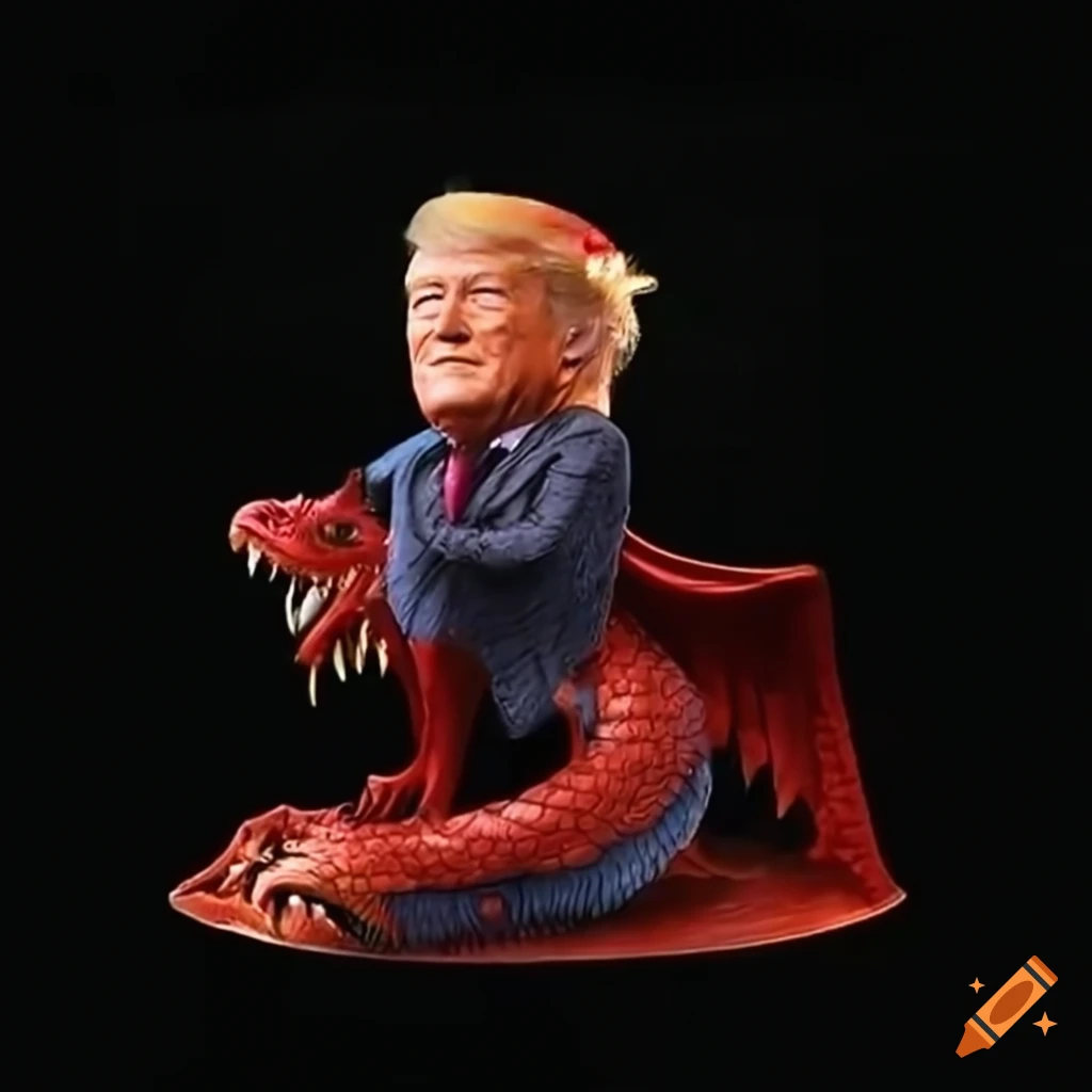 Satirical image of donald trump riding a dragon on Craiyon