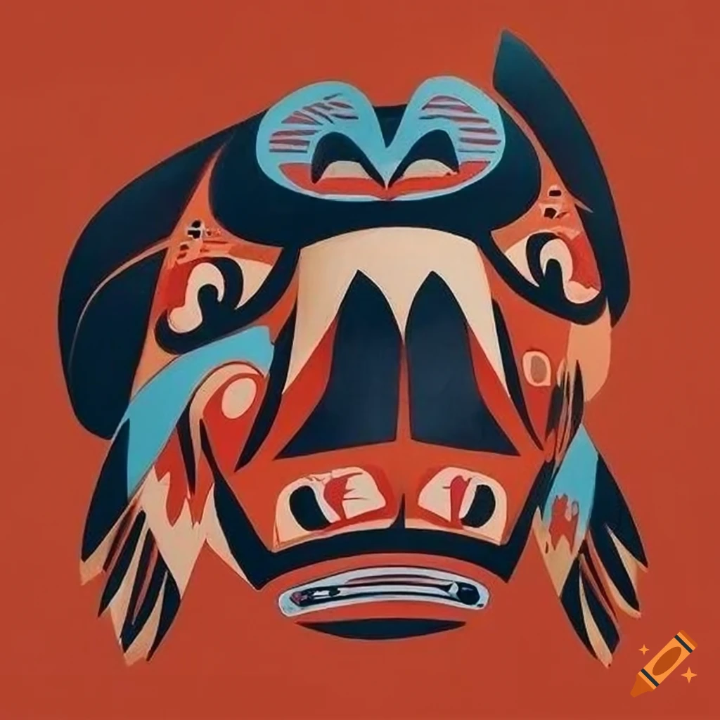 Colorful lithograph featuring Native Salish designs in the style of ...