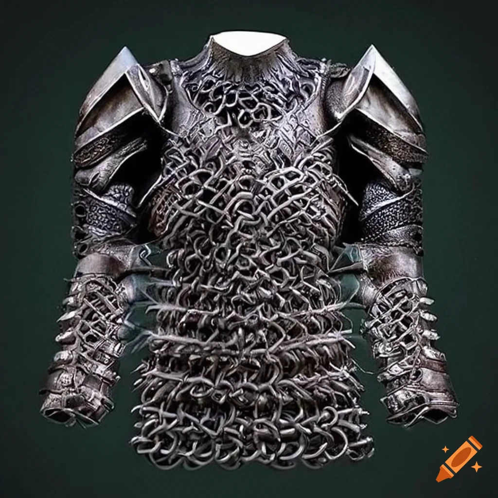 Front view of gothic body armor with chainmail in a magic setting on ...