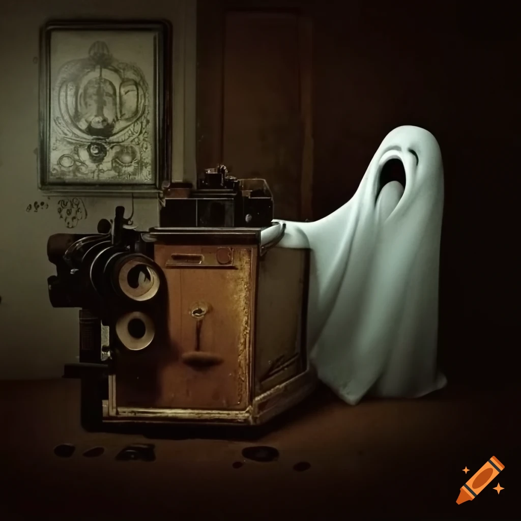 Spooky ghost operating an old movie projector in a vintage room on Craiyon