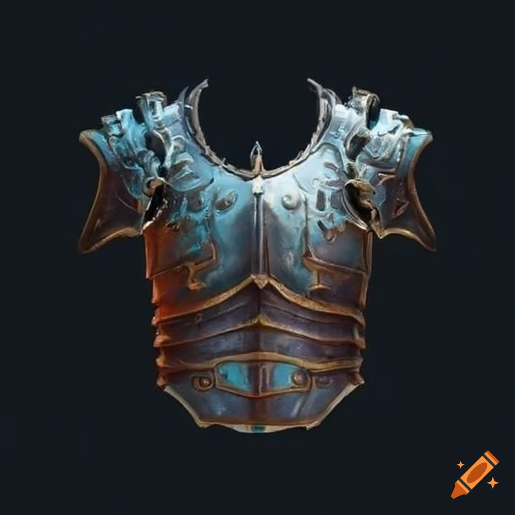 Front view of intricately designed heavy armor in a magical setting on ...