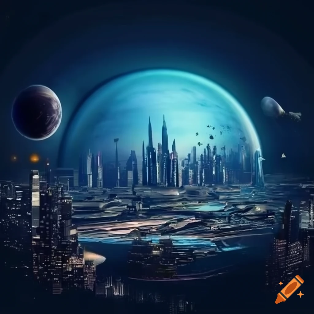 Outer space planets with futuristic cityscape on Craiyon
