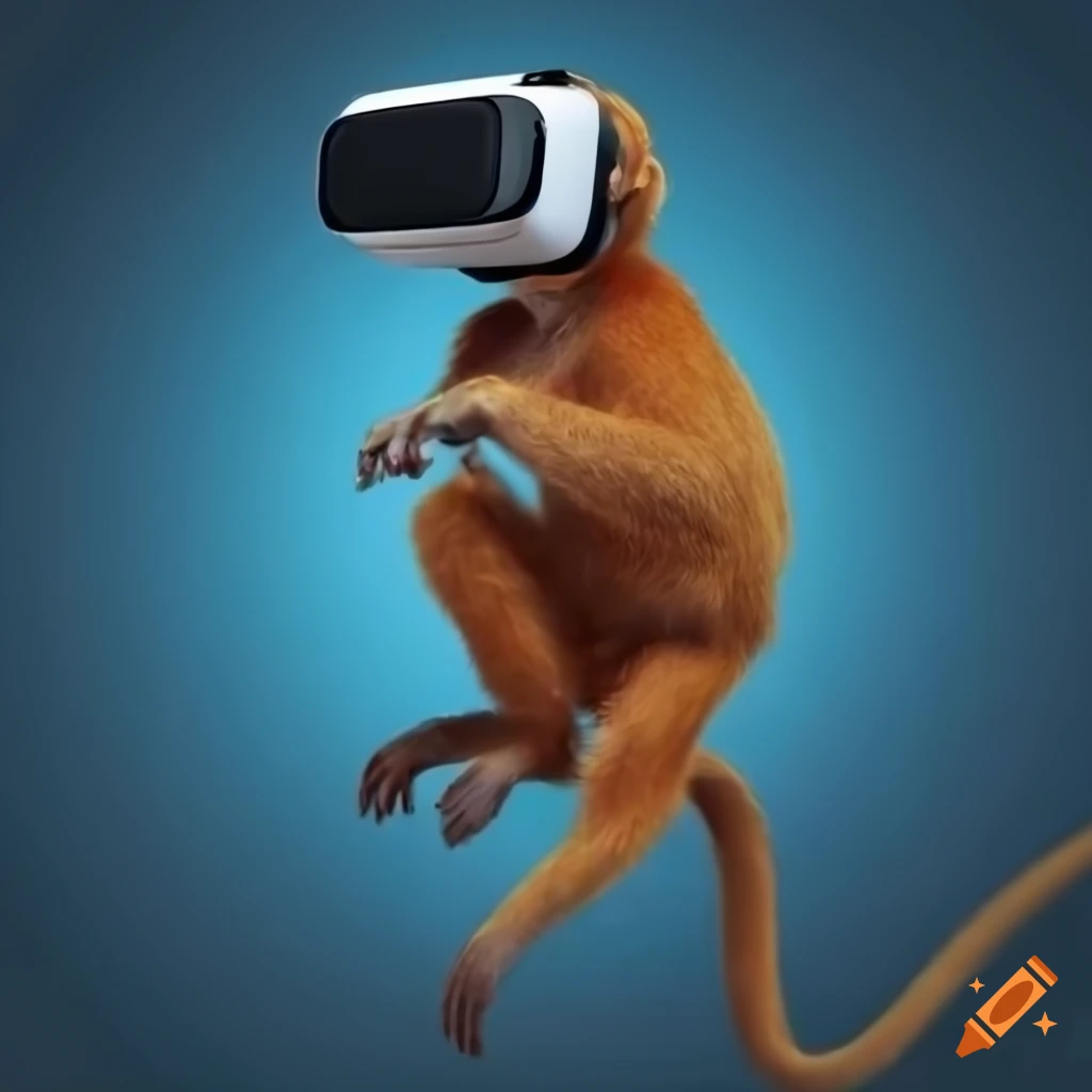Orange monkey with vr headset playing in a blue background on Craiyon