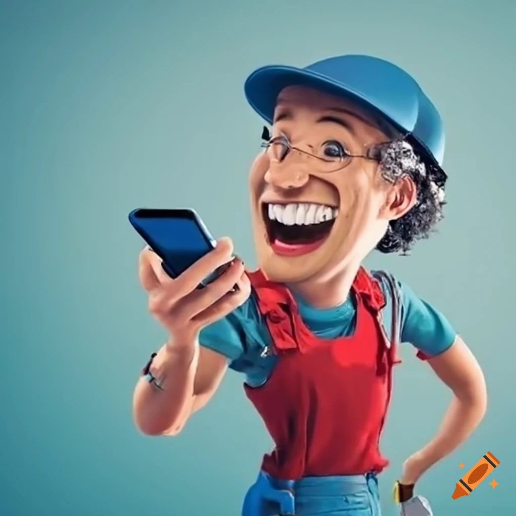 Happy plumber installing a water meter while using a phone on Craiyon