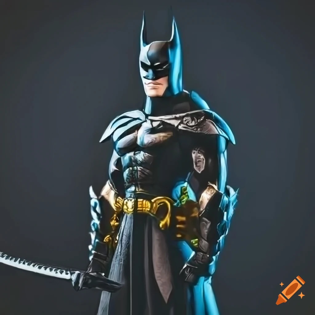 Batman with muscles, samurai sword, and glowing eyes in black armor on ...
