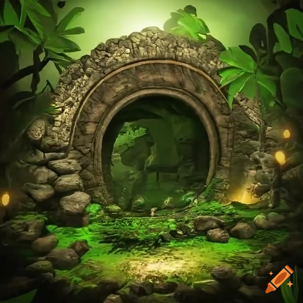 Ancient futuristic portal in jungle explored by treasure hunters with ...