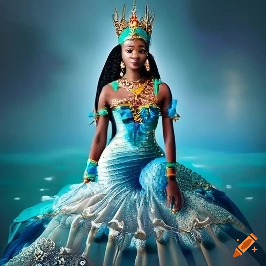 Mermaid queen with African influences in a regal gown on a throne in ...