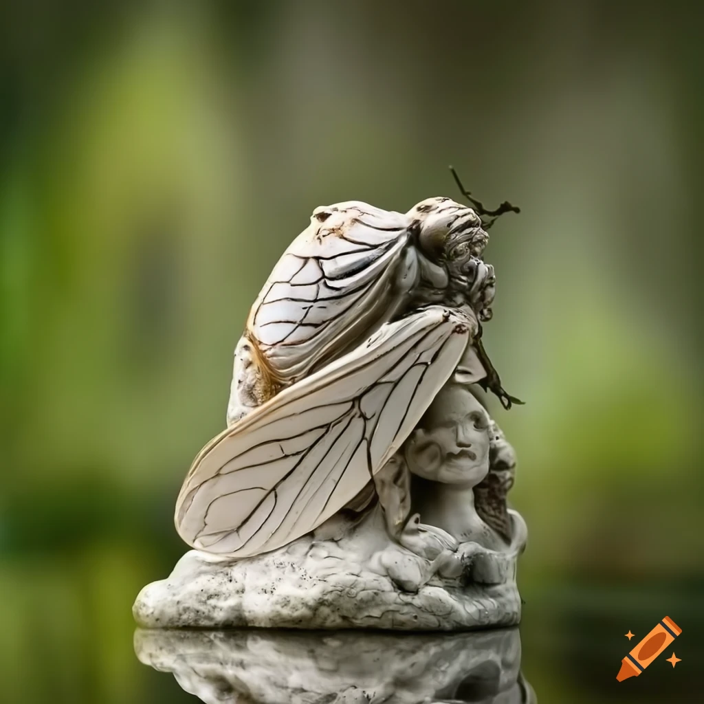 Intricate marble sculpture of a cicada in a lush garden on Craiyon