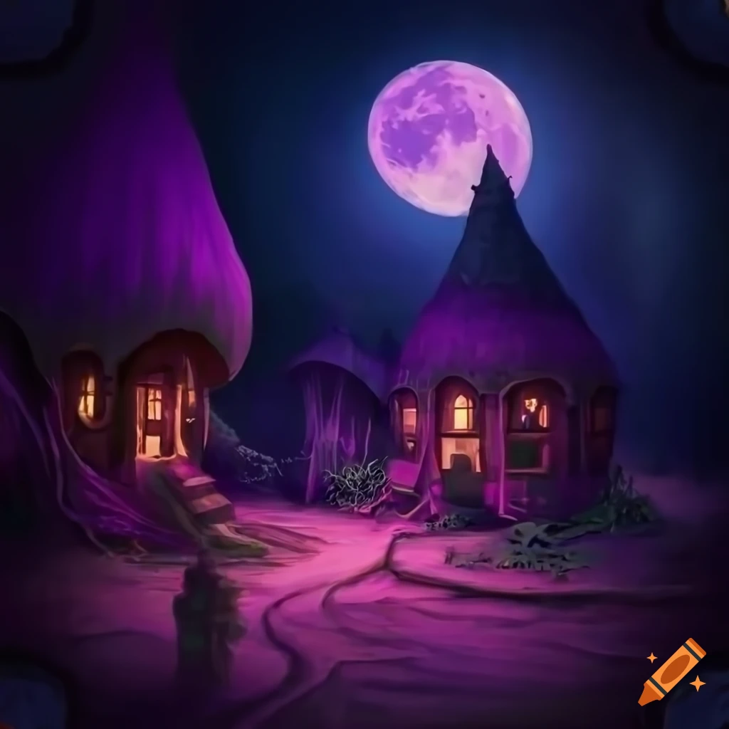 Elven tree house village in a pink and purple forest under moonlight on ...