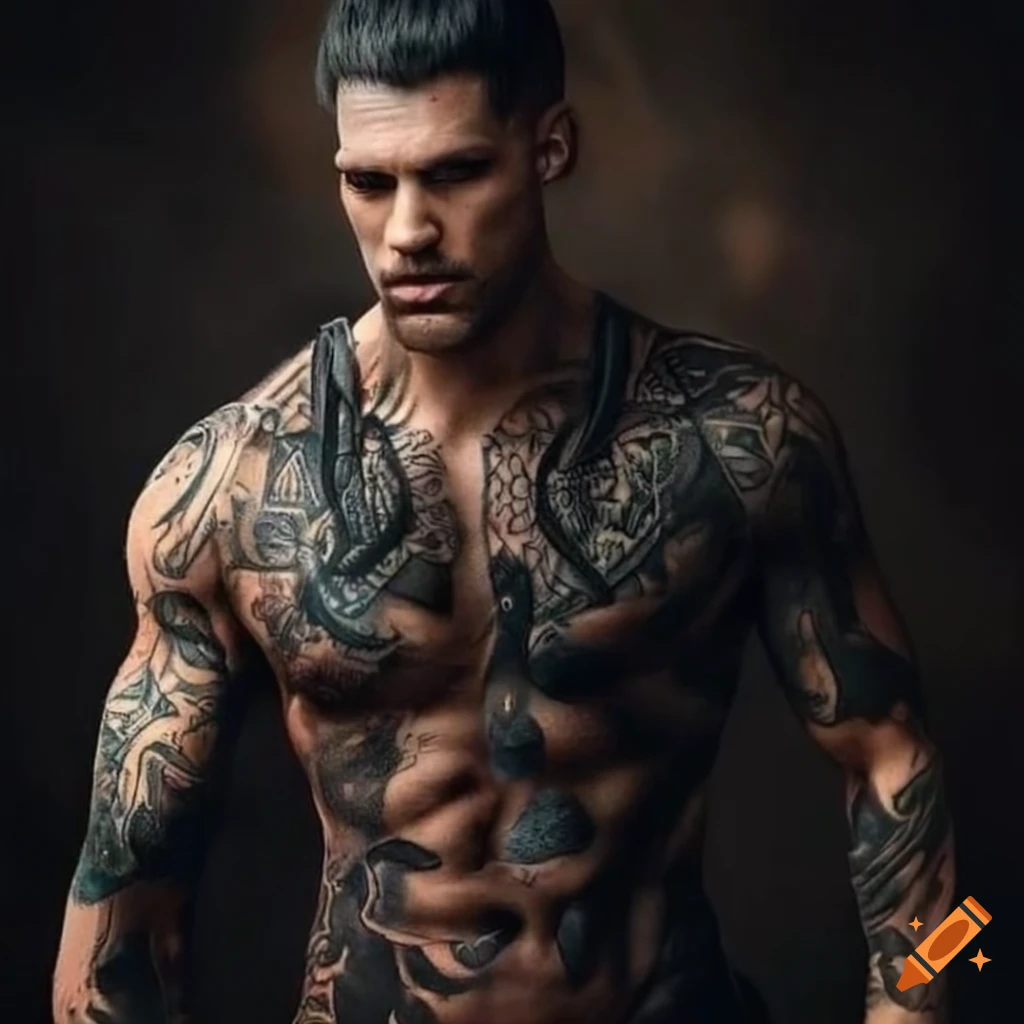 Strong And Handsome Man With Black Hair And Viking Tattoos On Craiyon