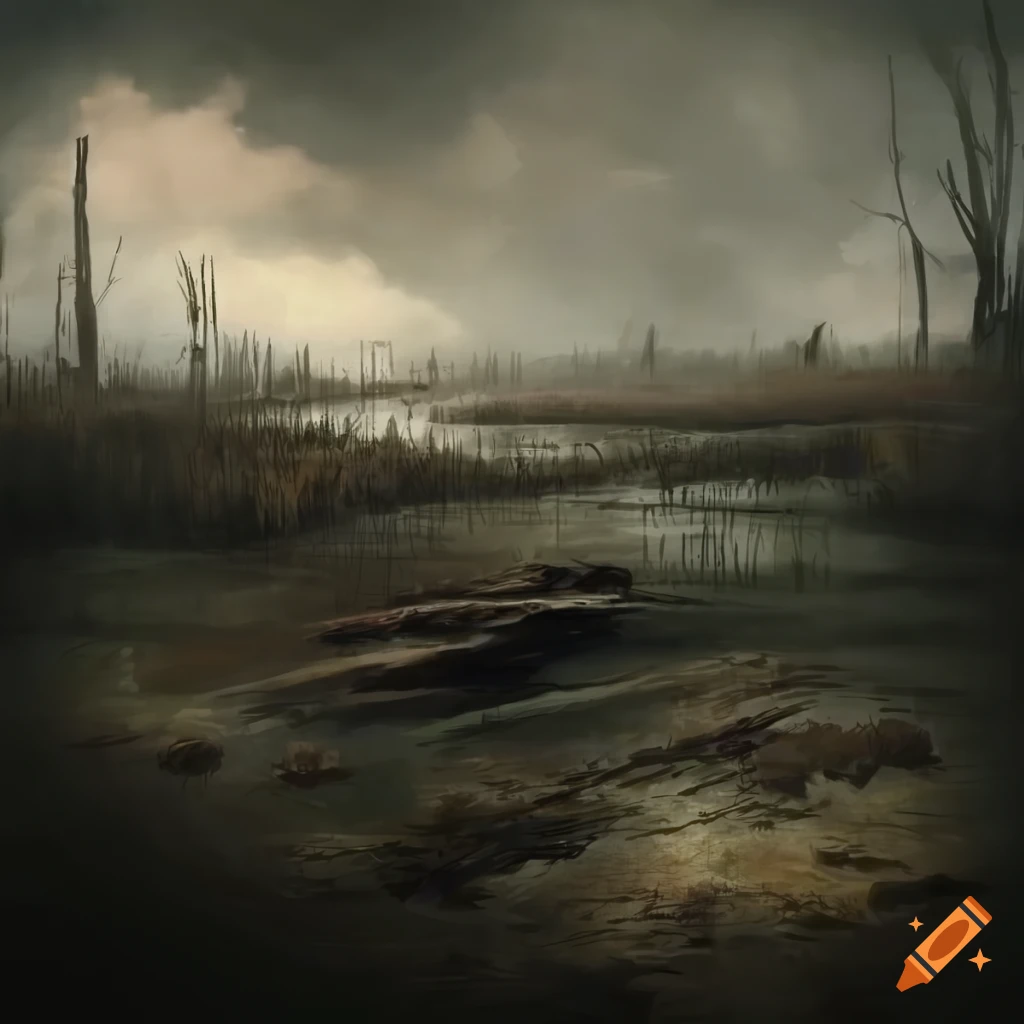 Post-apocalyptic landscape with gravely, ashen wetlands on Craiyon