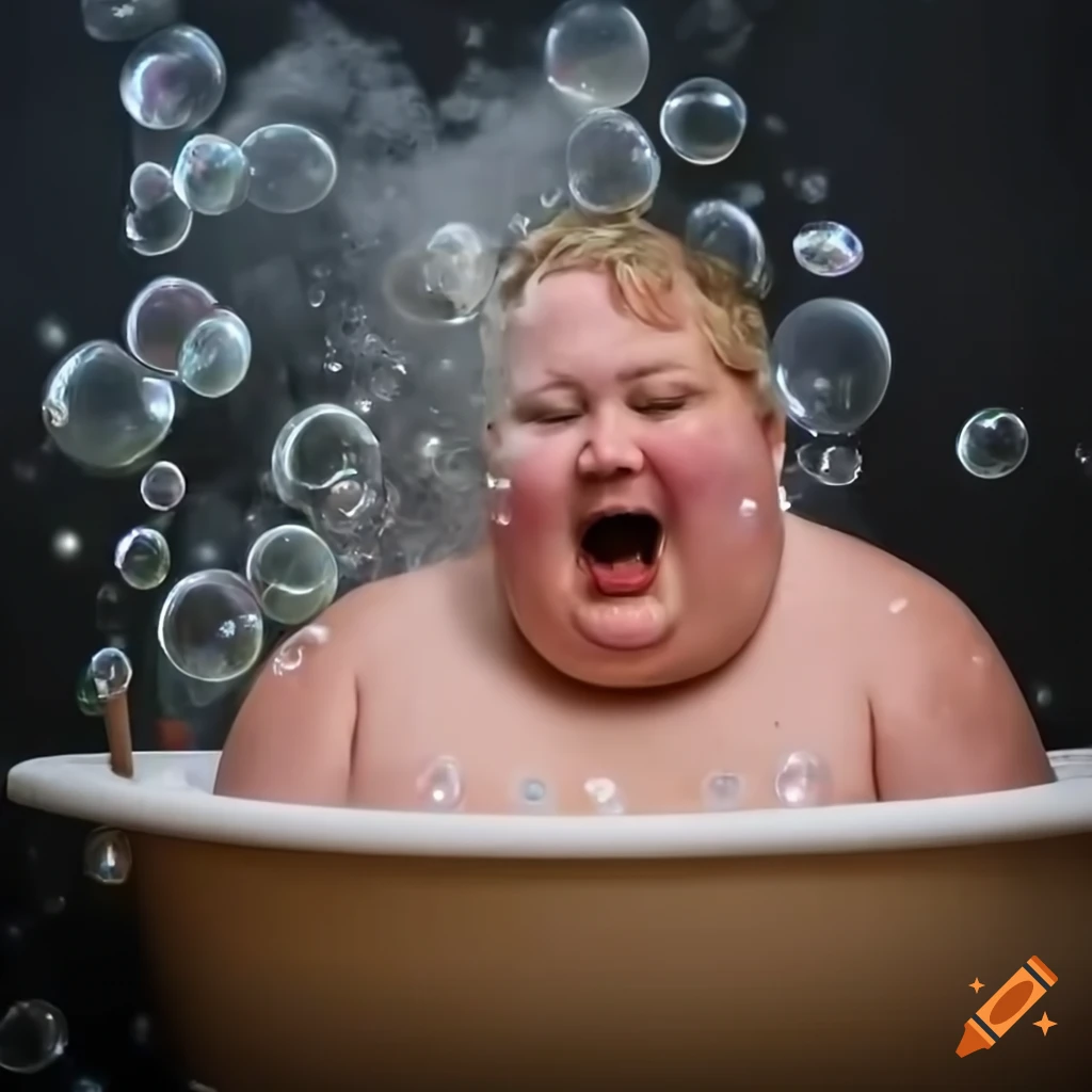 Chubby man enjoying a bubble bath with laughter on Craiyon