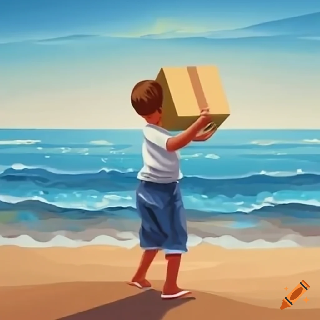 Kid shaking a box near the sea on Craiyon