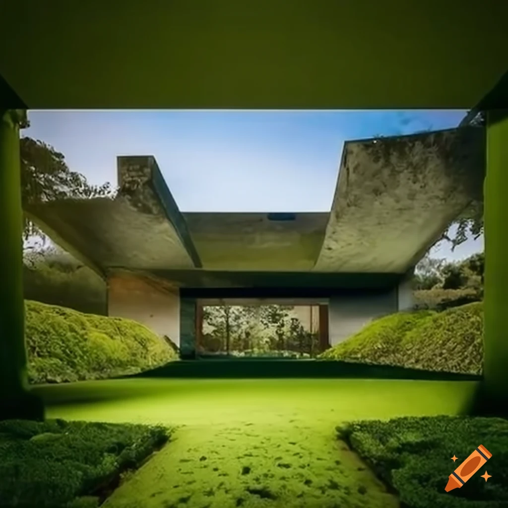 Futuristic funeral home/ecological sanctuary in a green landscape with ...