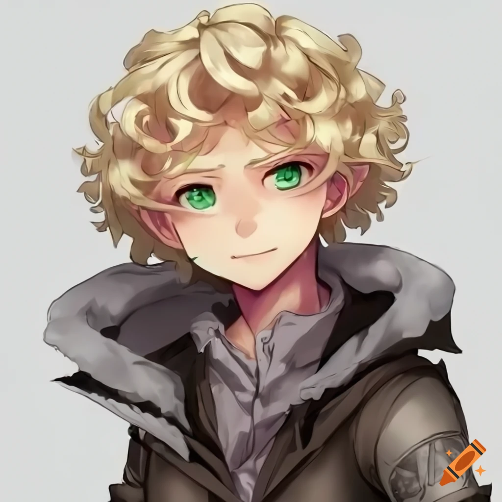 Anime halfling with short curly blonde hair and grey jacket on Craiyon