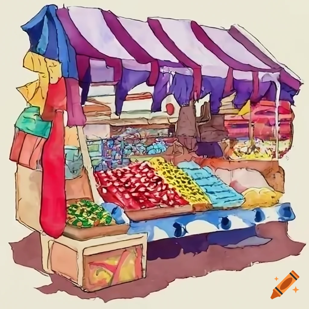 Colorful anime-style market stall selling various items on Craiyon