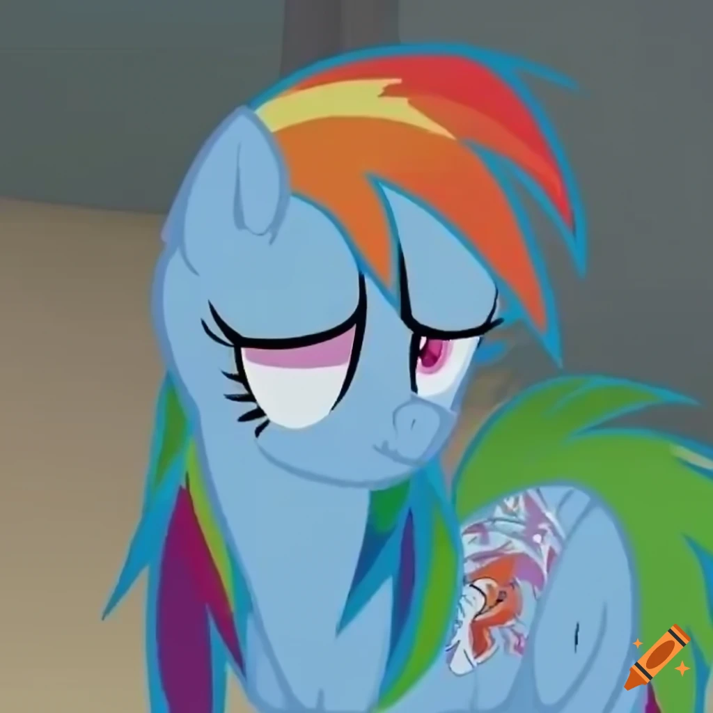 Rainbow dash character from mlp in a distorted screenshot on Craiyon