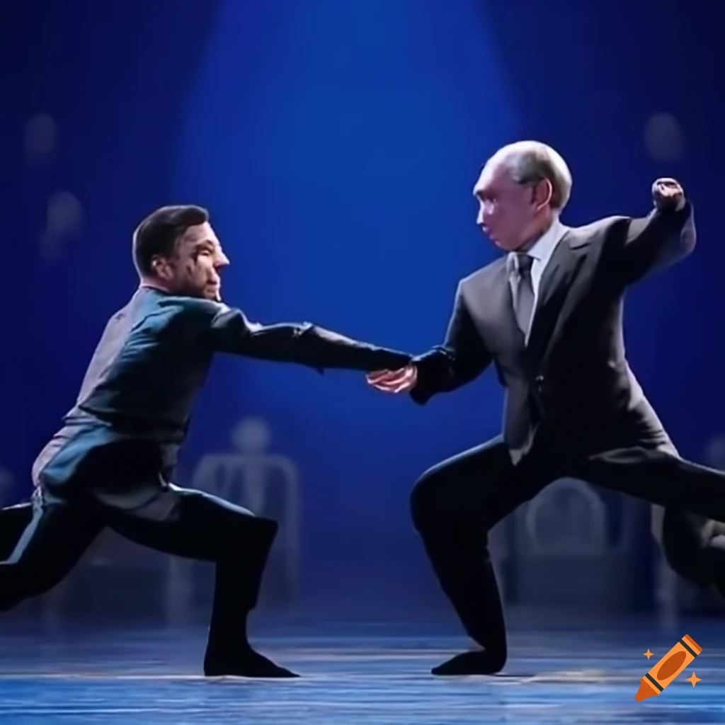 Zelensky and putin engaging in satirical dance on Craiyon