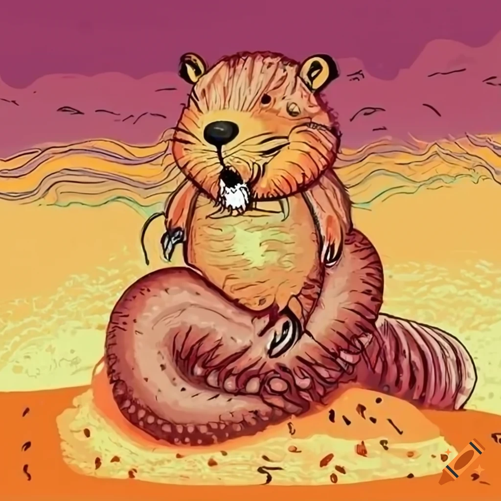 Beaver riding sandworm in desert landscape of arrakis on Craiyon