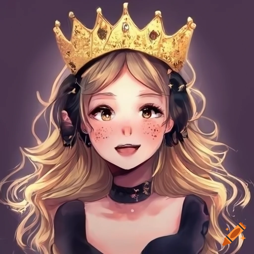 Adorable gamer girl with long wavy hair and a gold princess crown on ...