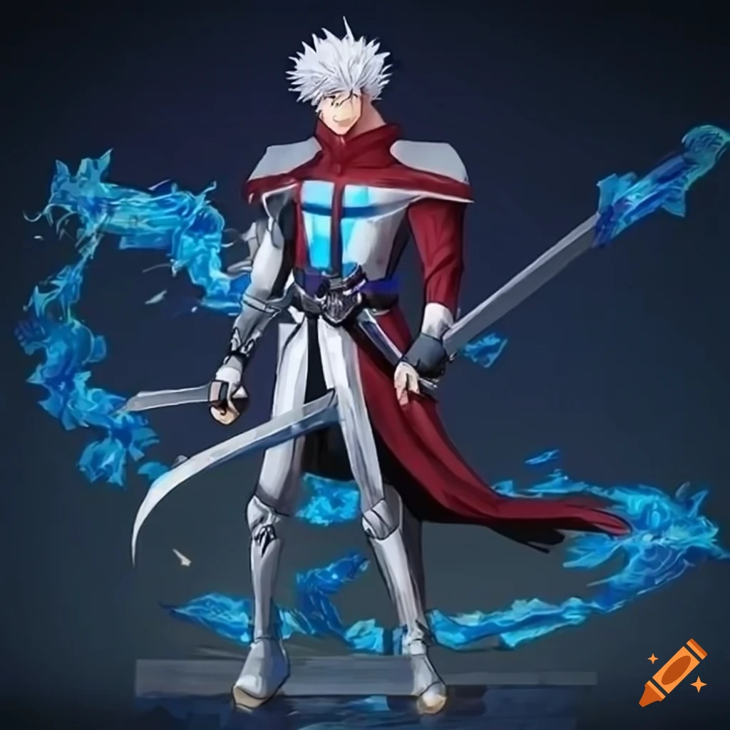 Andy bogard and satoru gojo fusion in blue and white templar armor with ...