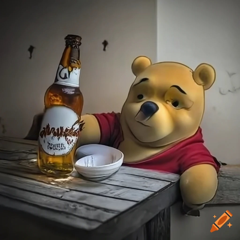 Winnie the Pooh at a pub looking drunk and messy on Craiyon