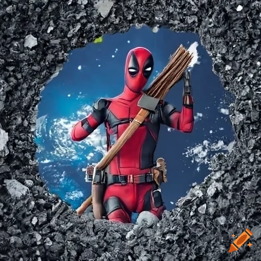 Deadpool cleaning space debris near Earth with humor on Craiyon