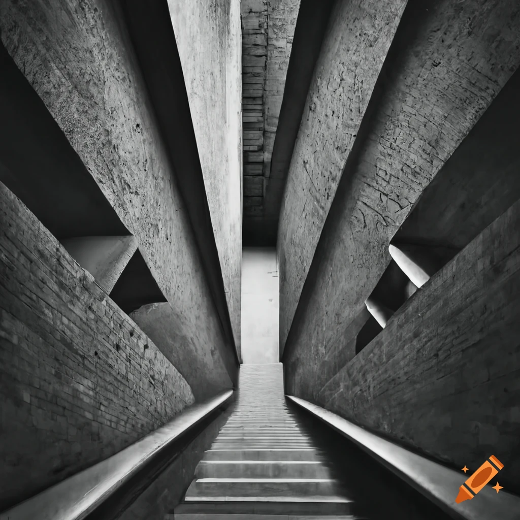 Interior of a modern brutalist stronghold in monochrome on Craiyon