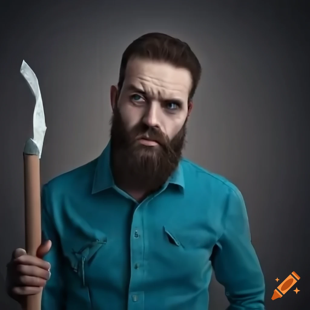 Man with dark brown beard, turquoise shirt, holding a metal pickaxe on ...